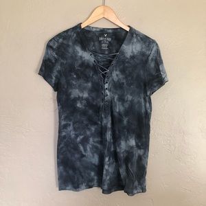 American Eagle Outfitters | Tops | Ae Blue Tie Dyed Lace Front Tee | Poshmark